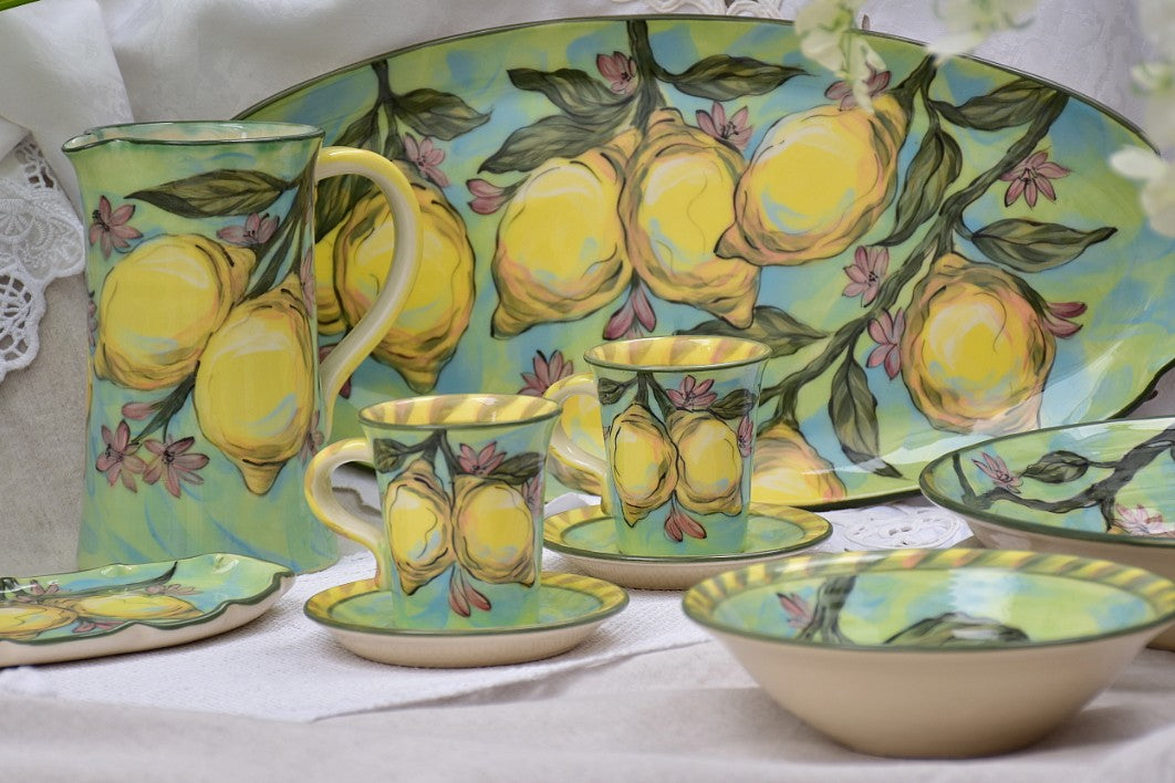 Mediterranean inspired pottery, hand painted lemons in fresh colours ...
